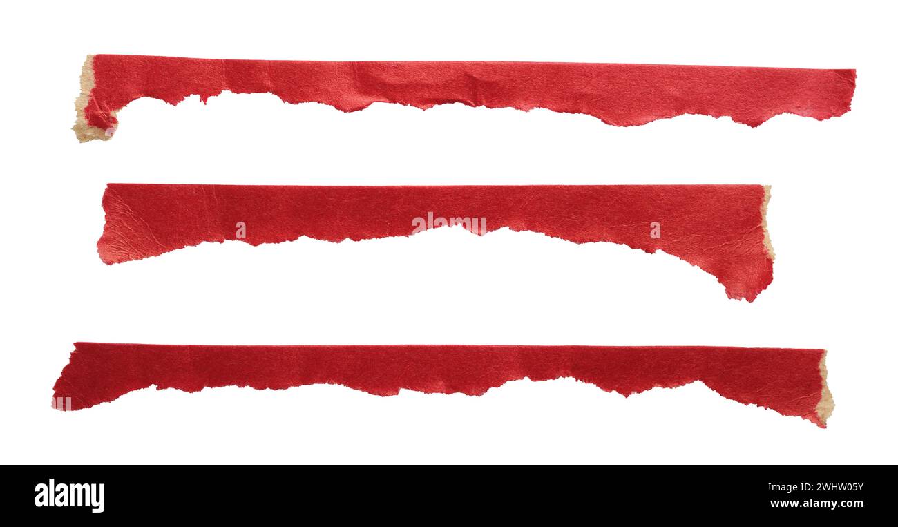 Several strips of torn paper red tape cut out on white background Stock ...