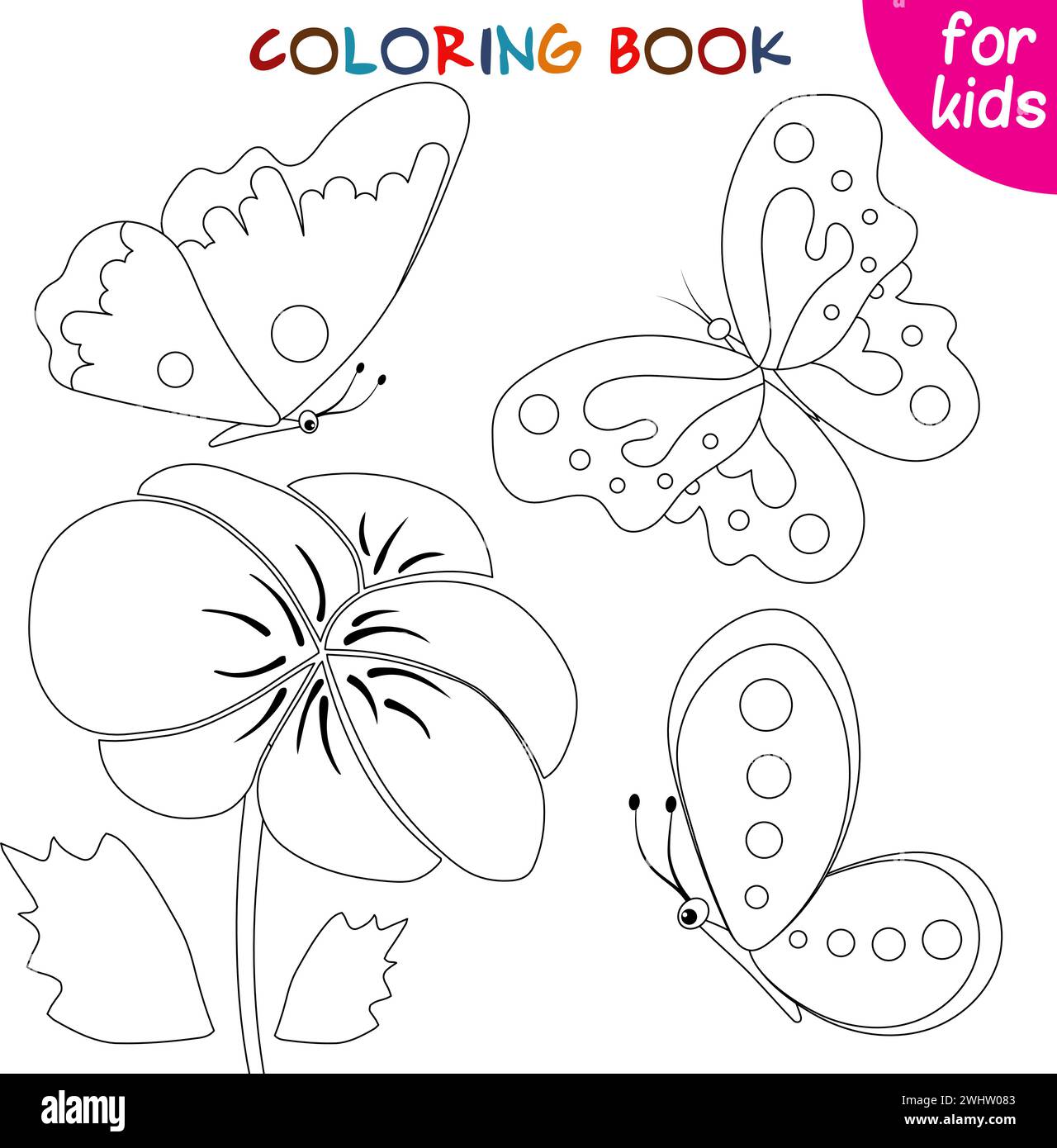 Butterflies collection. Flower and three butterflies. Coloring book ...