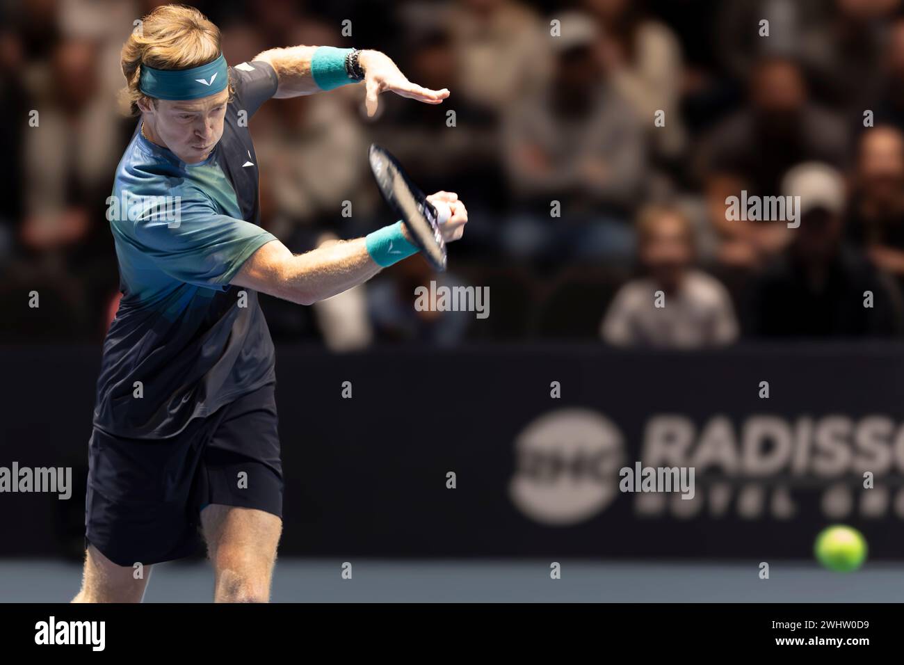 Oslo, Norway 11 February 2024 Andrey Rublev of Russia plays a forehand ...