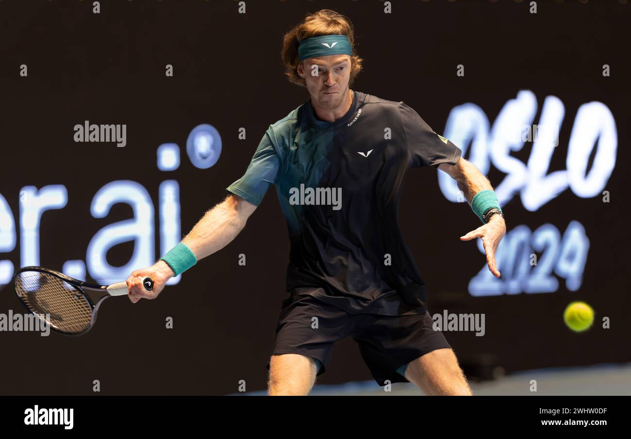 Oslo, Norway 11 February 2024 Andrey Rublev of Russia plays a forehand ...