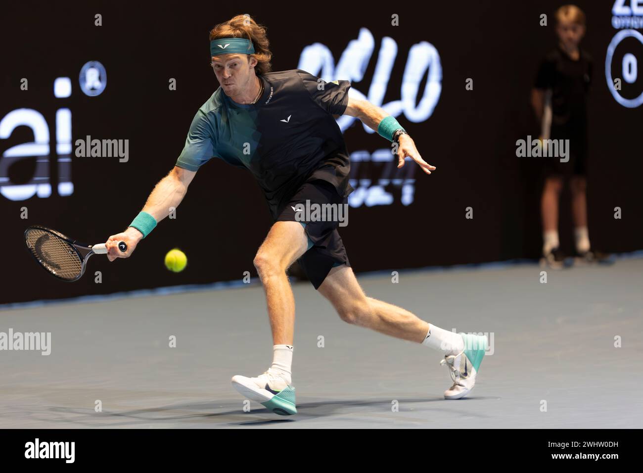 Oslo, Norway 11 February 2024 Andrey Rublev of Russia plays a forehand shot against Alex De ...