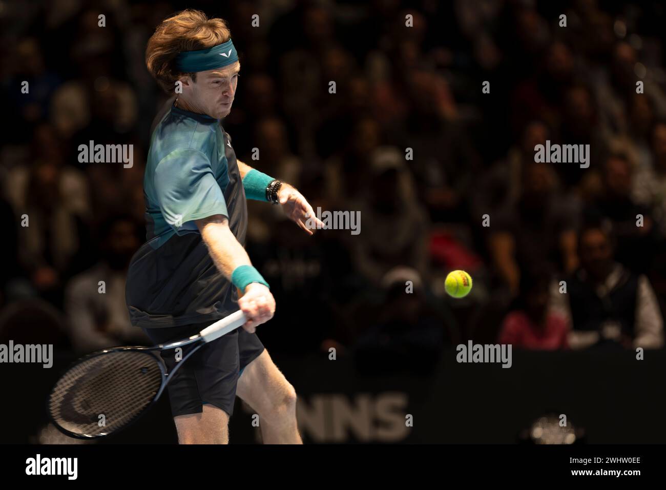 Oslo, Norway 11 February 2024 Andrey Rublev of Russia plays a forehand ...