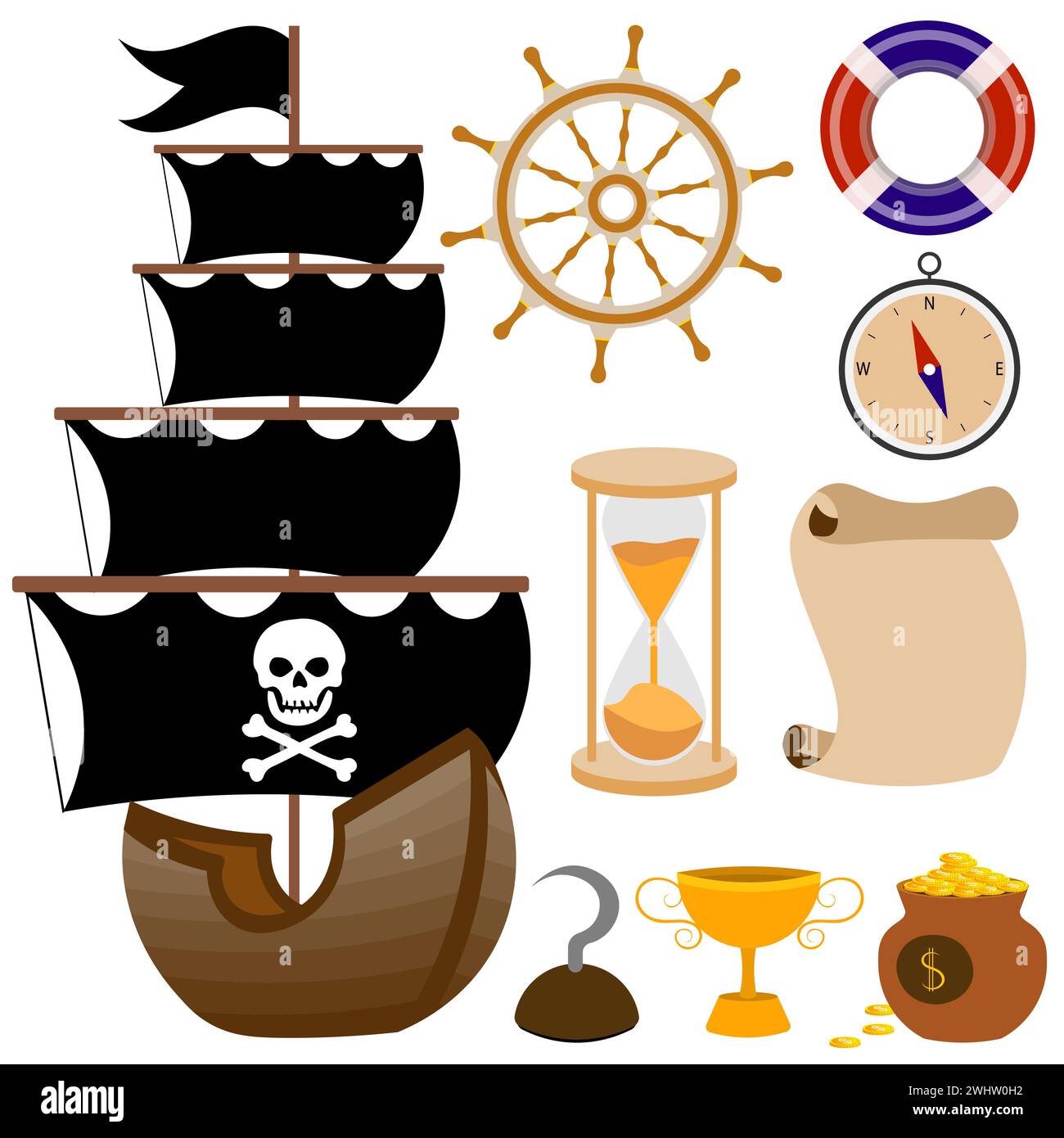 Pirate adventure. Pirate set with a ship, compass, steering wheel ...