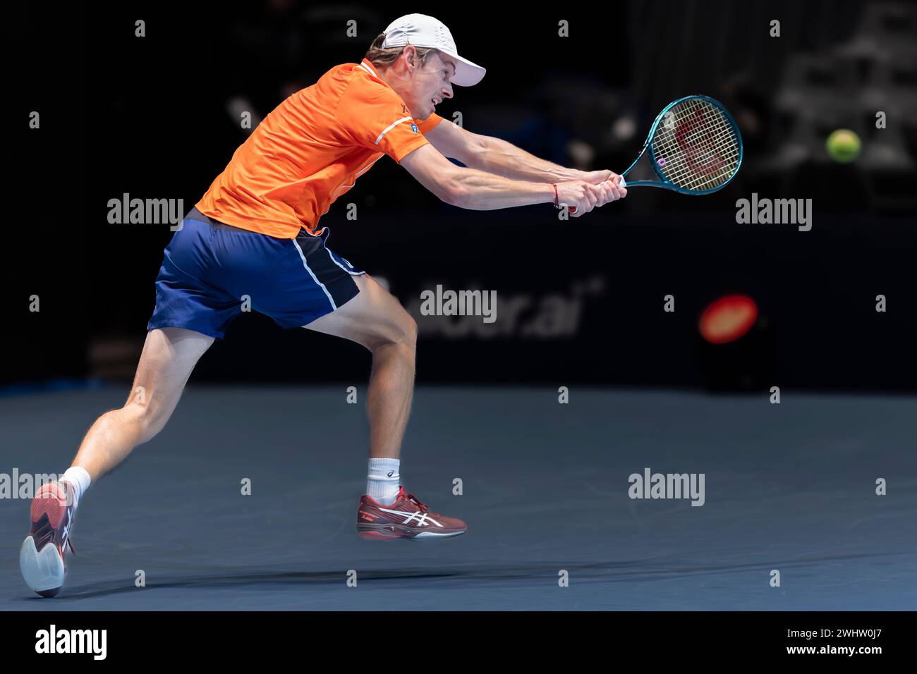 Oslo, Norway 11 February 2024 Alex De Minaur of Australia in action against Andrey Rublev of ...