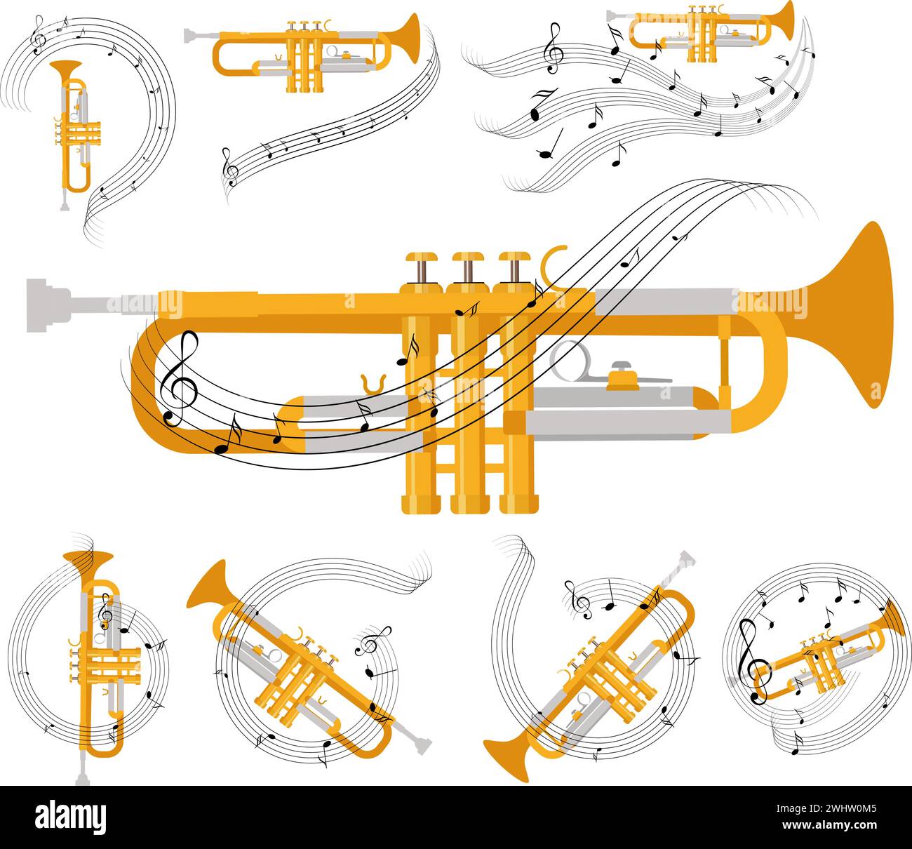 Musical instruments. Musical trumpet set with notes. Vector ...
