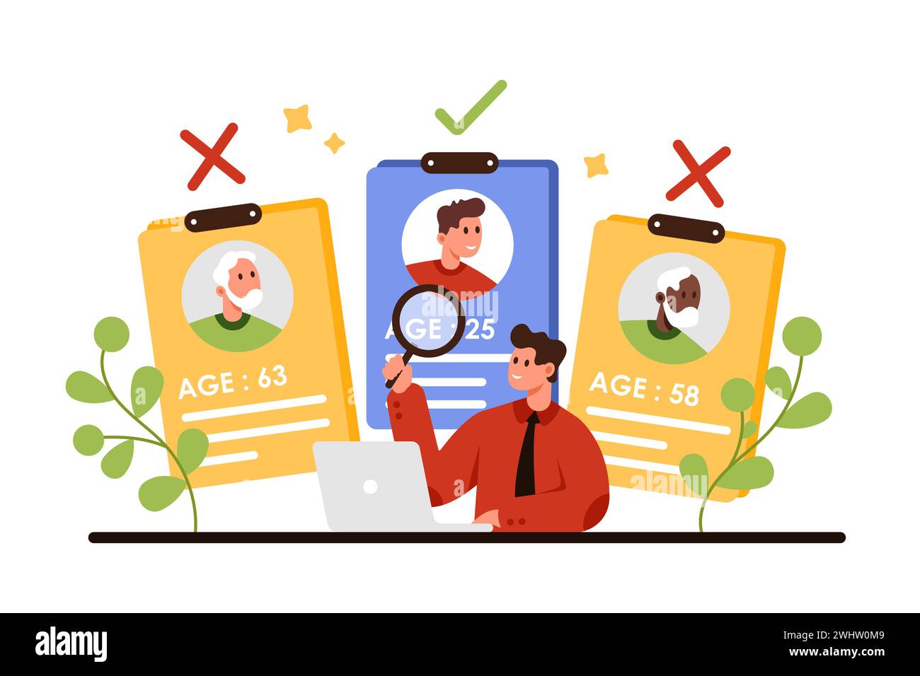 Age discrimination, ageism problem of society. Tiny HR manager with ...