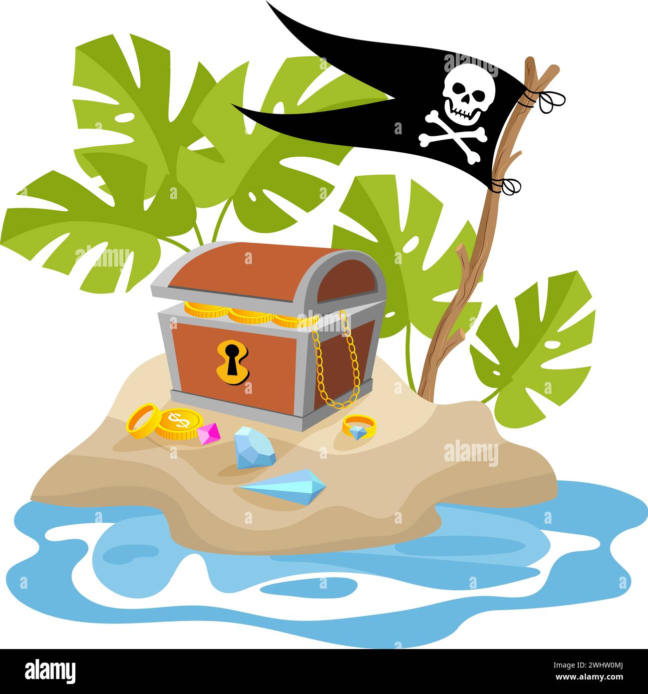 Pirate adventure. Pirate flag and treasure chest on the island. Pirates ...