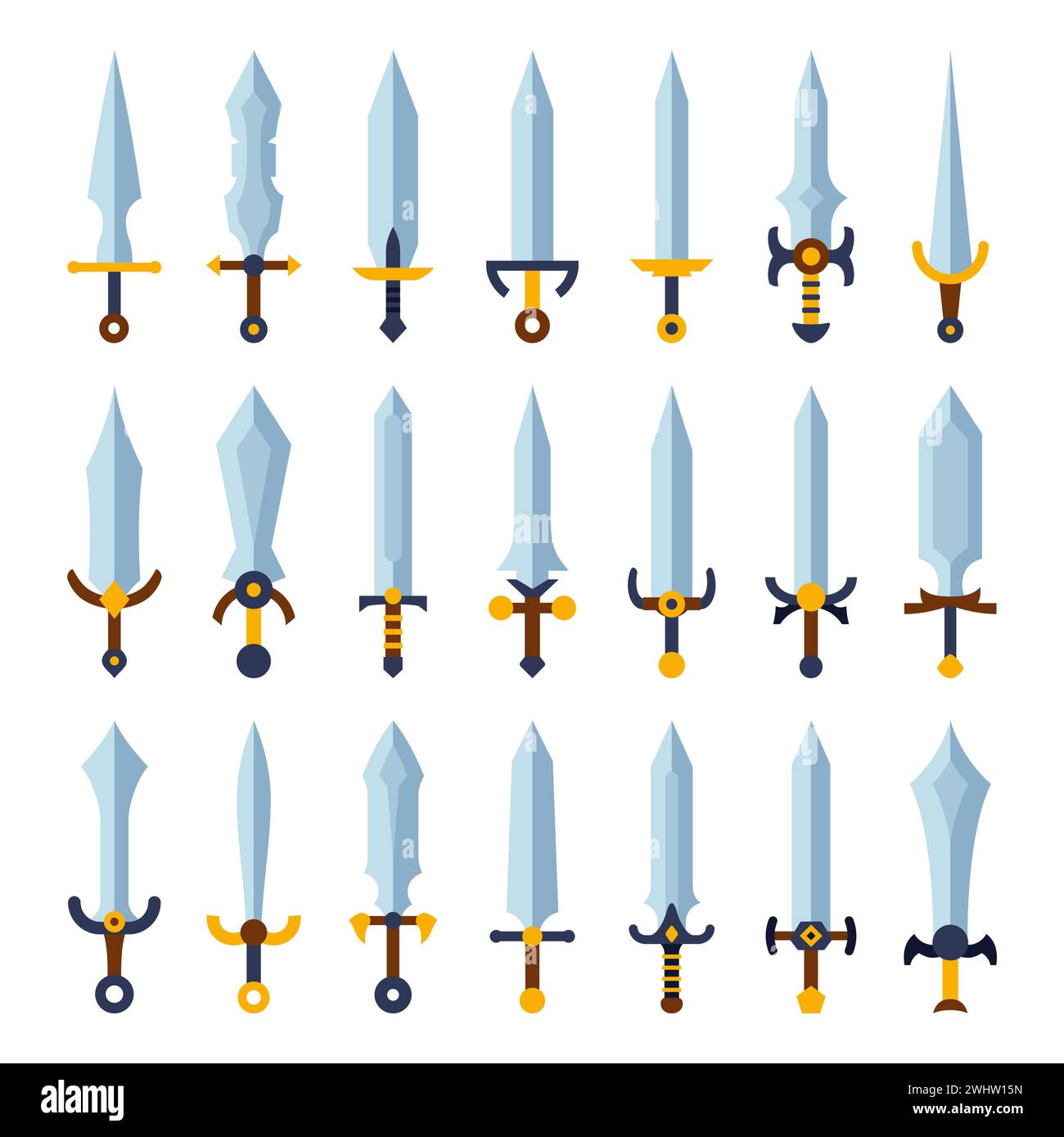 Cartoon steel swords set icons. Knives daggers sharp blades. Fantasy game weapon icon in flat ...