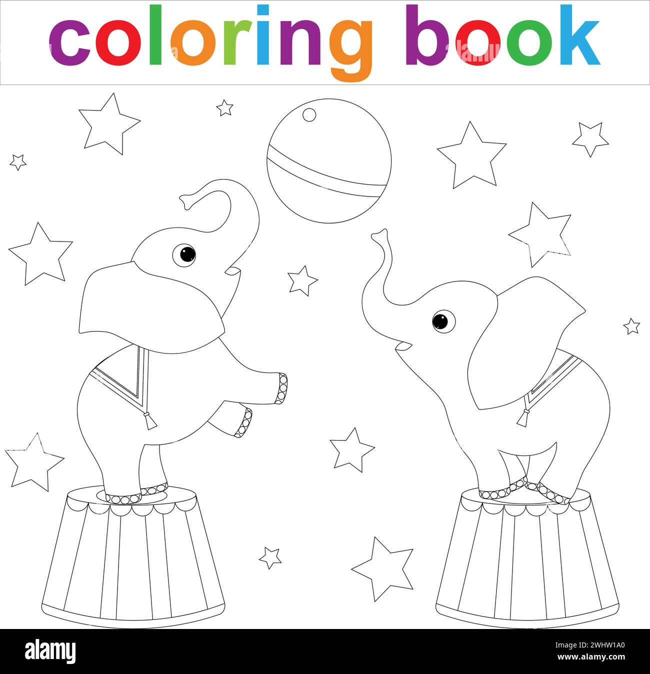 Elephants play with a ball in the circus. Coloring book page template ...