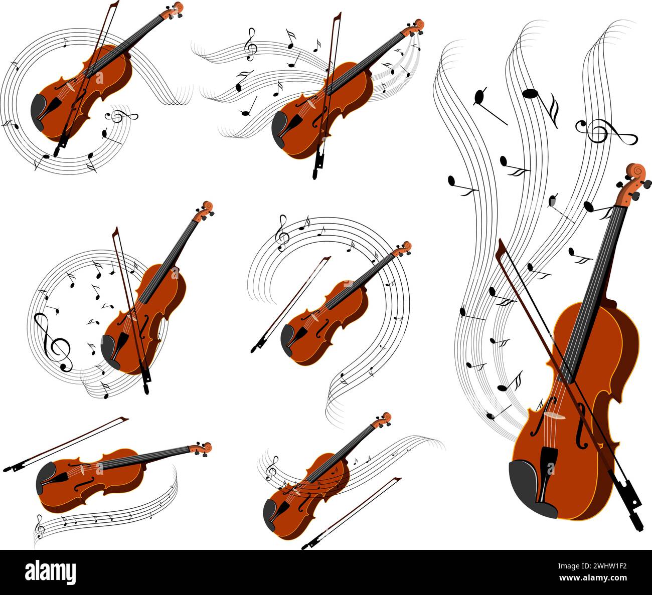 Musical instruments. Violin set with notes. Vector illustration in flat ...