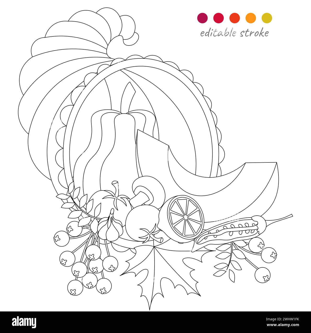 Still life with cornucopia, pumpkin, leaves and vegetables. Autumn ...