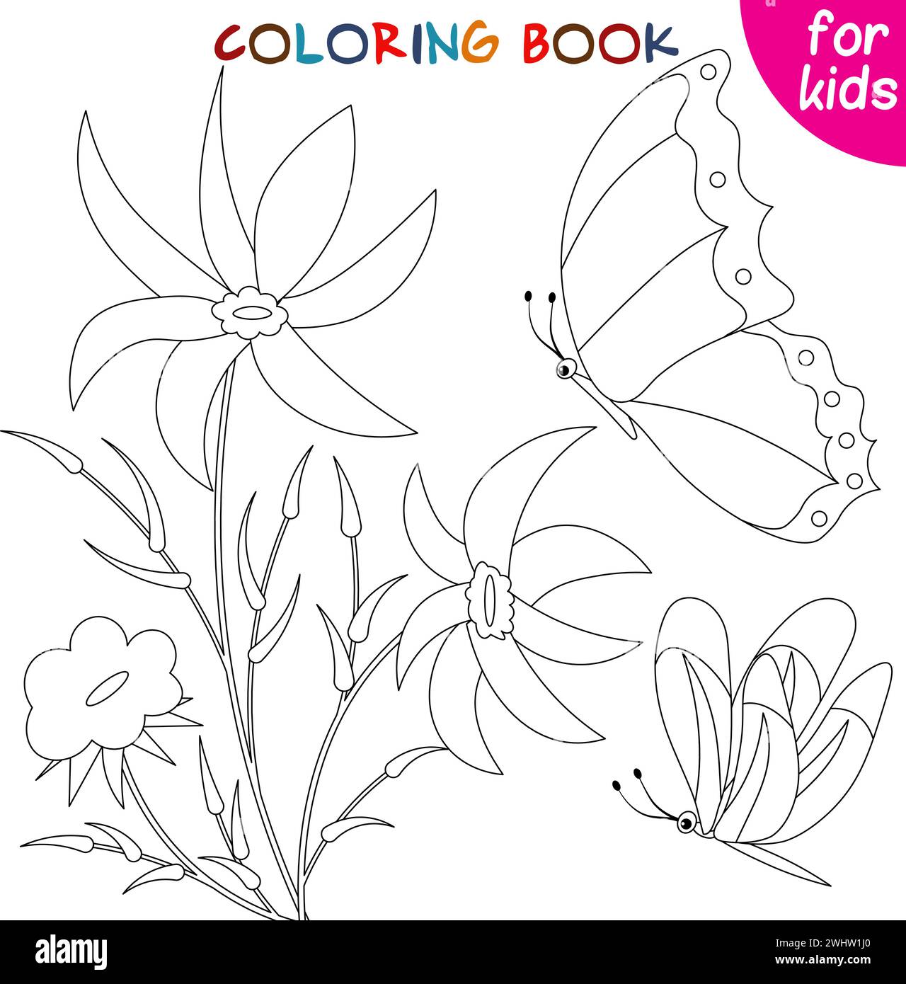 Butterflies collection. Butterflies and big flowers. Coloring book page ...
