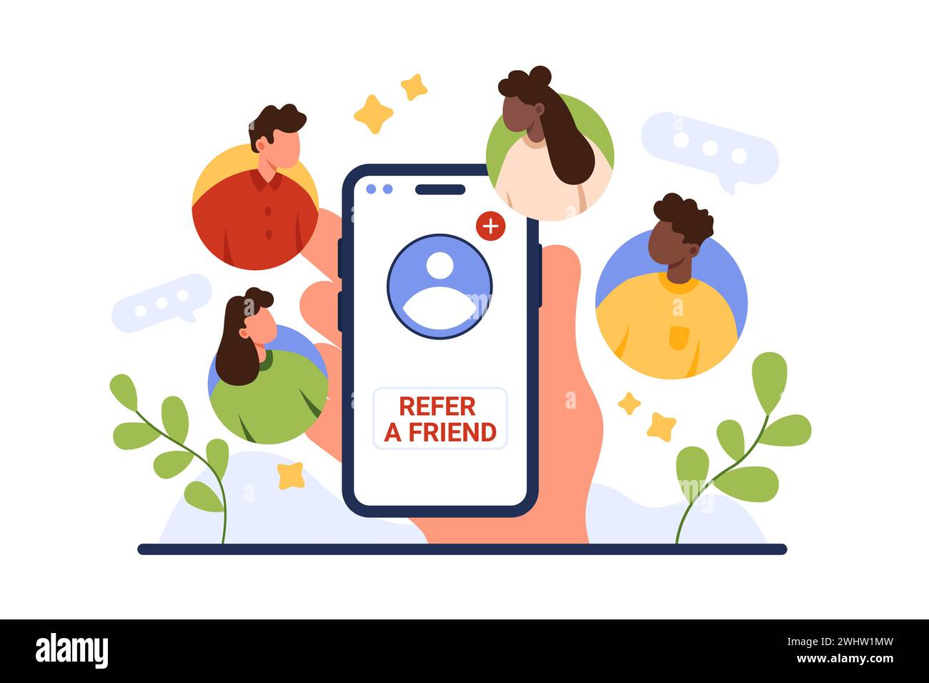 Referral loyalty program invite friend. Hand holding phone with Refer friend text, select people ...