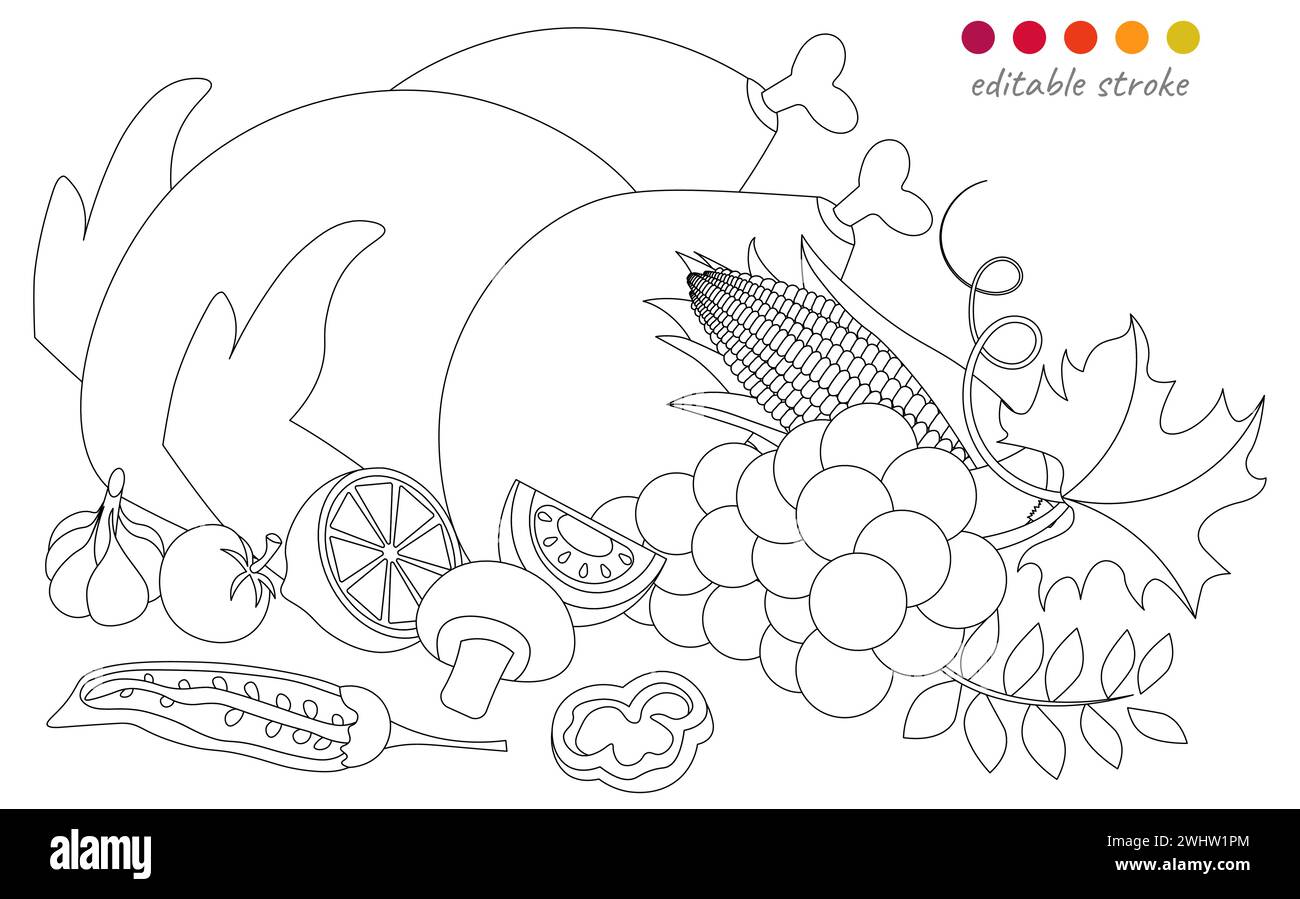 Still life with corn, grapes and roasted turkey. Autumn collection ...