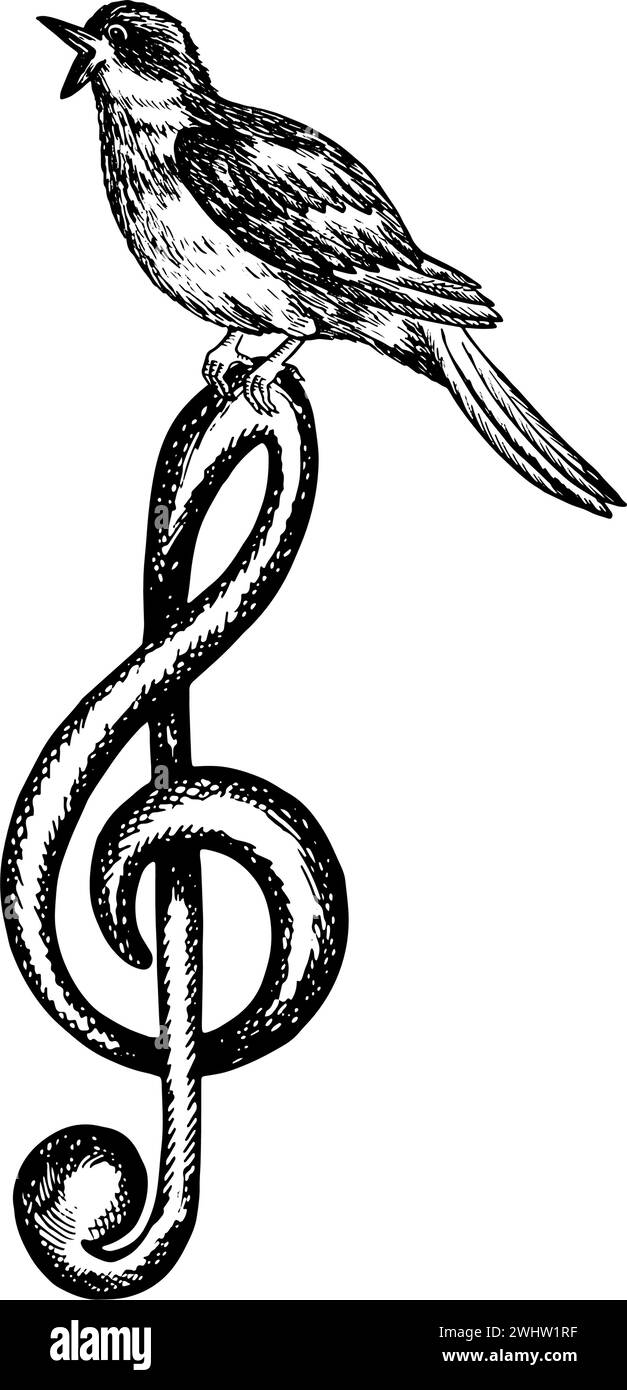 Musical treble clef with a singing nightingale, graphic vector black ...