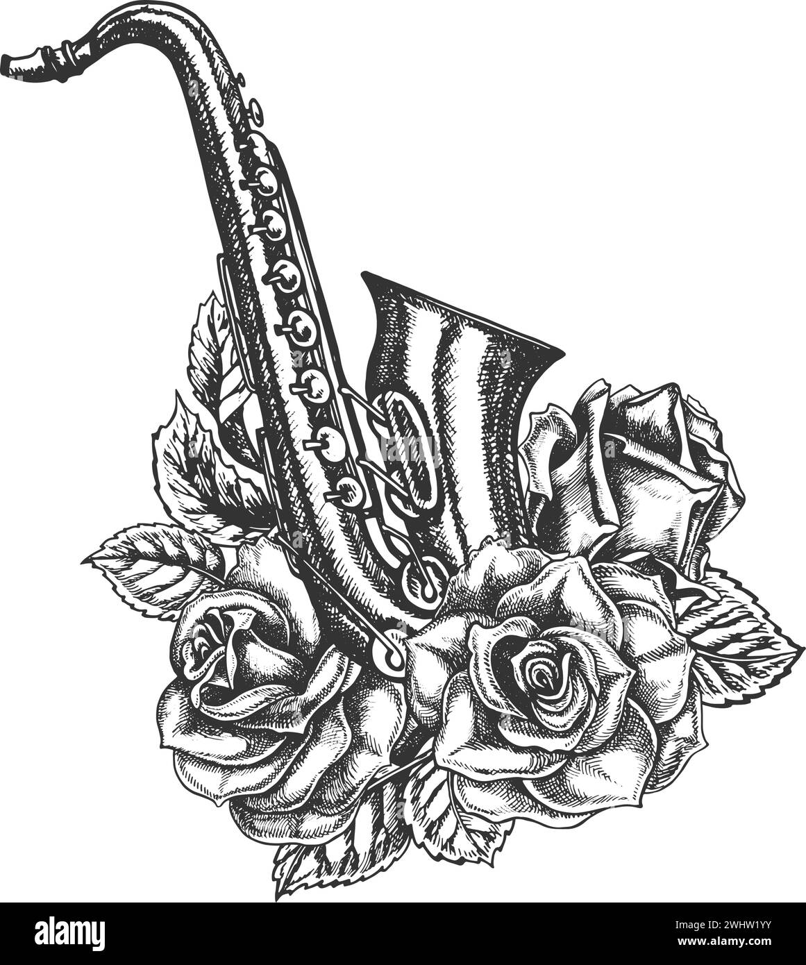 Saxophone decorated with roses, graphic vector black and white ...