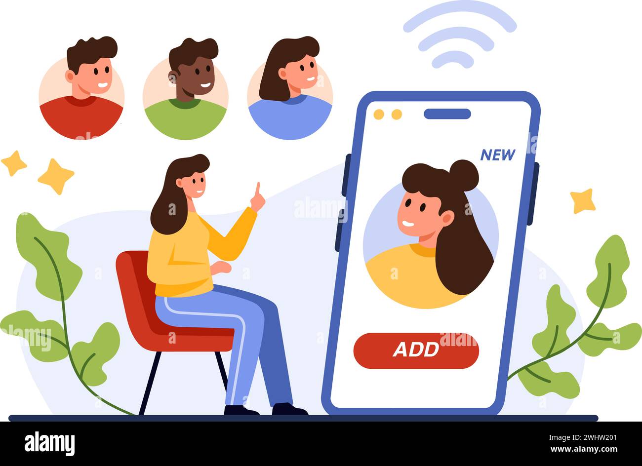 Referral program. Tiny woman sitting near big mobile phone to increase ...