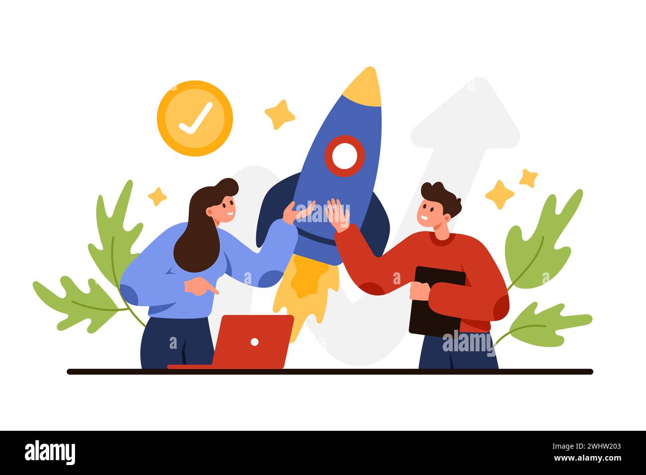 Success of business project launch. Tiny people start new creative innovation idea and develop ...