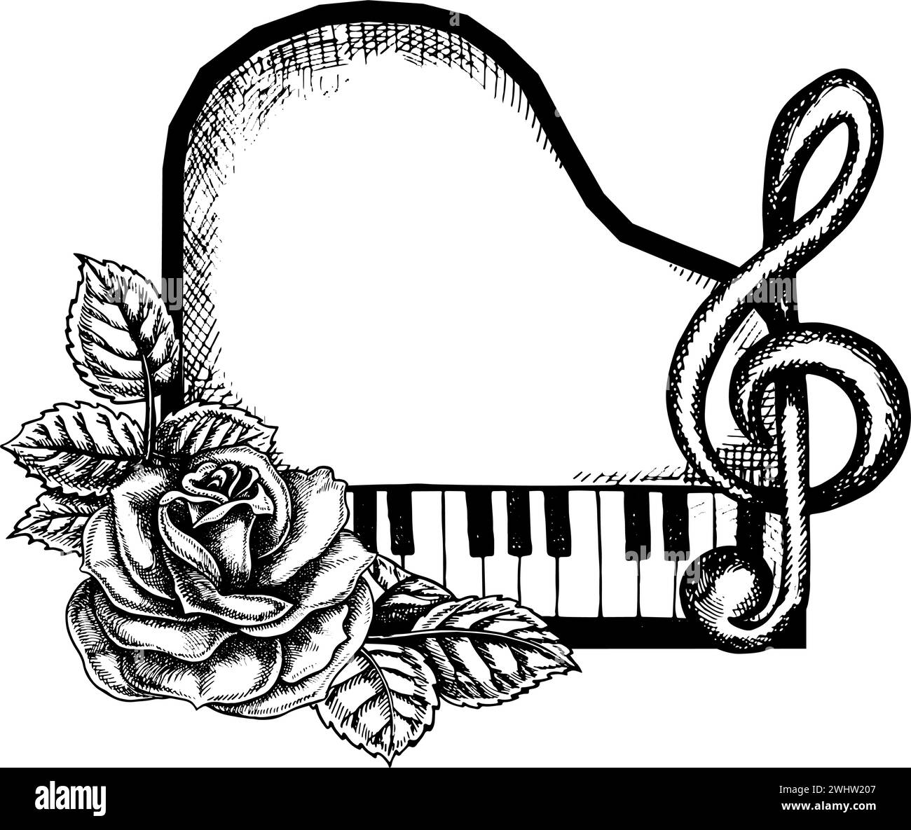 Grand piano, top view, with treble clef and roses. Graphic vector black ...