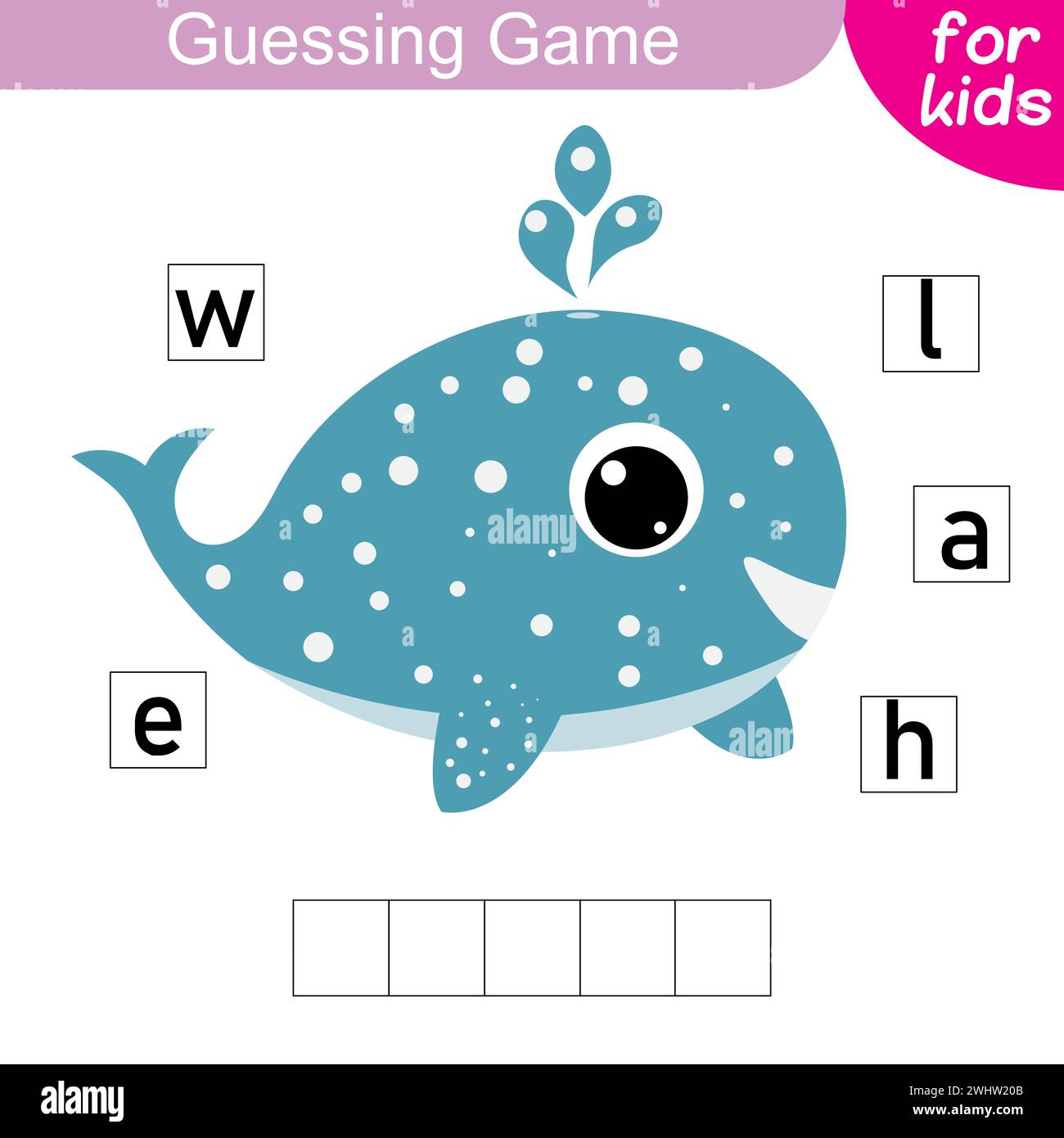 Guess the word. Whale. Logic puzzle game for kids to learn English words. Development of writing ...