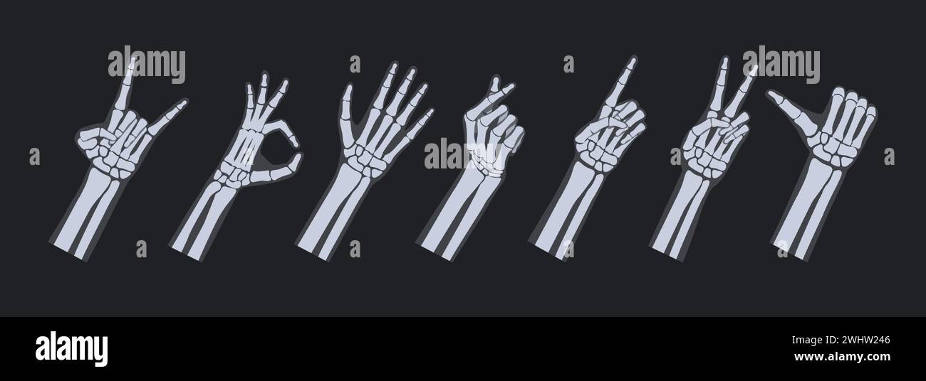 Skeletal hand x-ray gestures. Peace sign, okay and love heart gesture ...