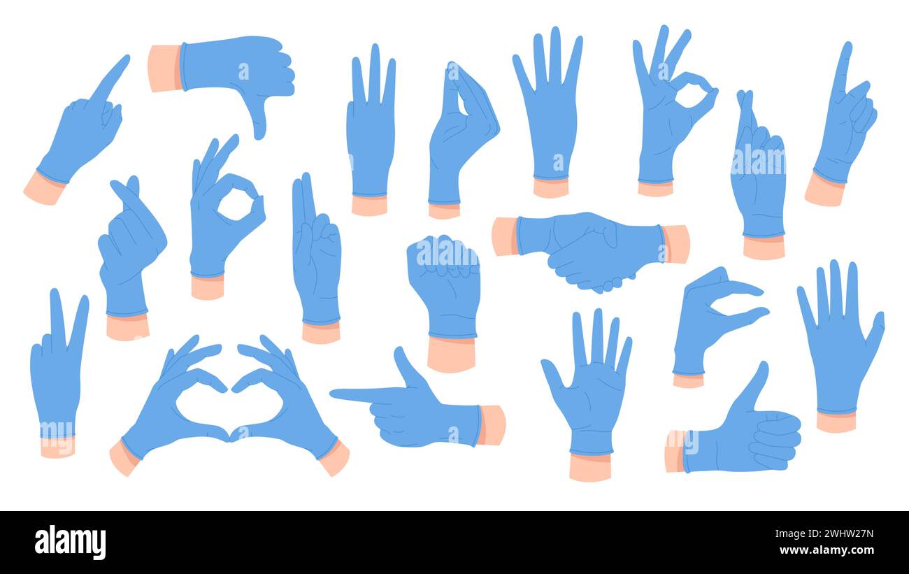 Different gestures of doctors hands in blue rubber gloves set. Body language collection of arms ...