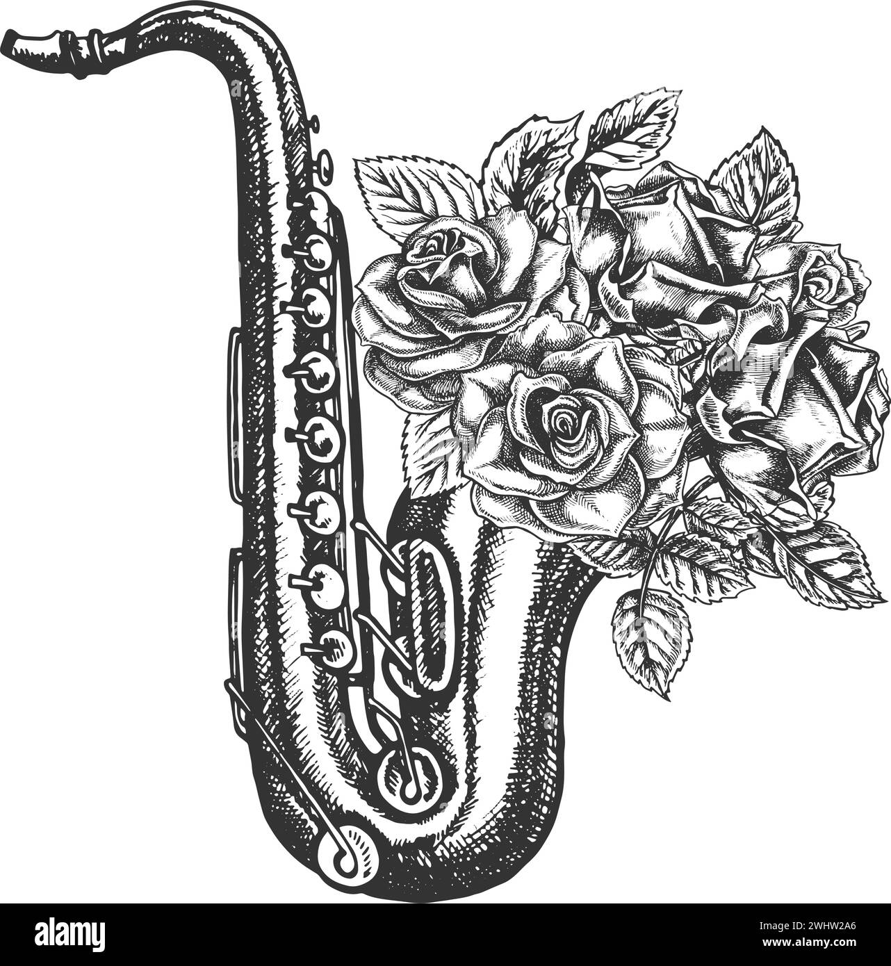Saxophone decorated with roses, graphic vector black and white ...