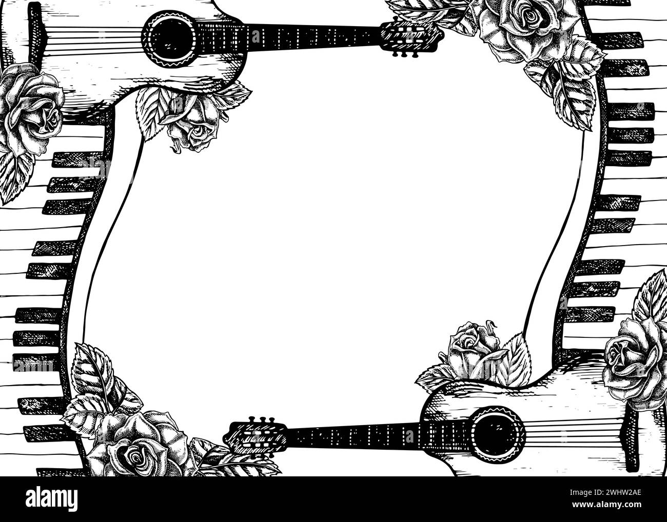 Musical frame with guitars, piano keys, roses, graphic vector black and ...
