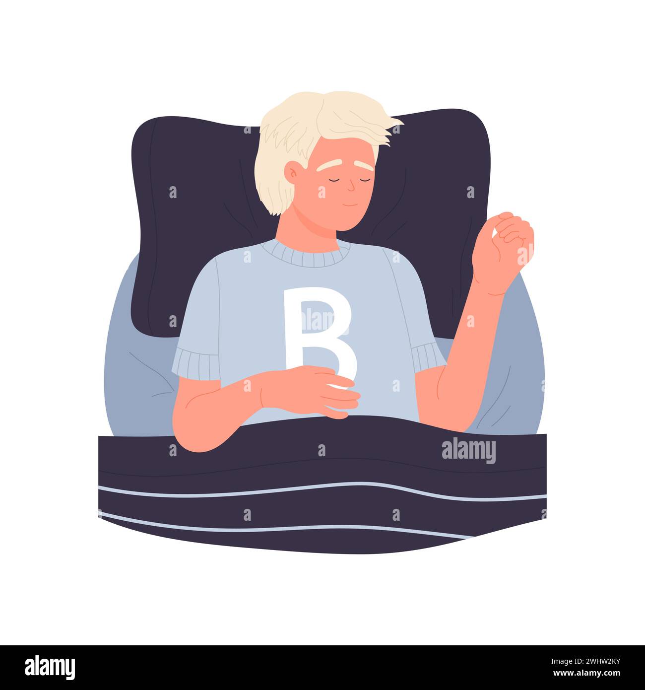 Top view of boy sleeping. Bedtime routine, man fell asleep having night ...