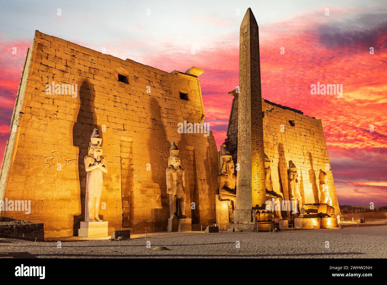 Luxor Temple entrance, first pylon with obelisk, sunset, Egypt Stock ...