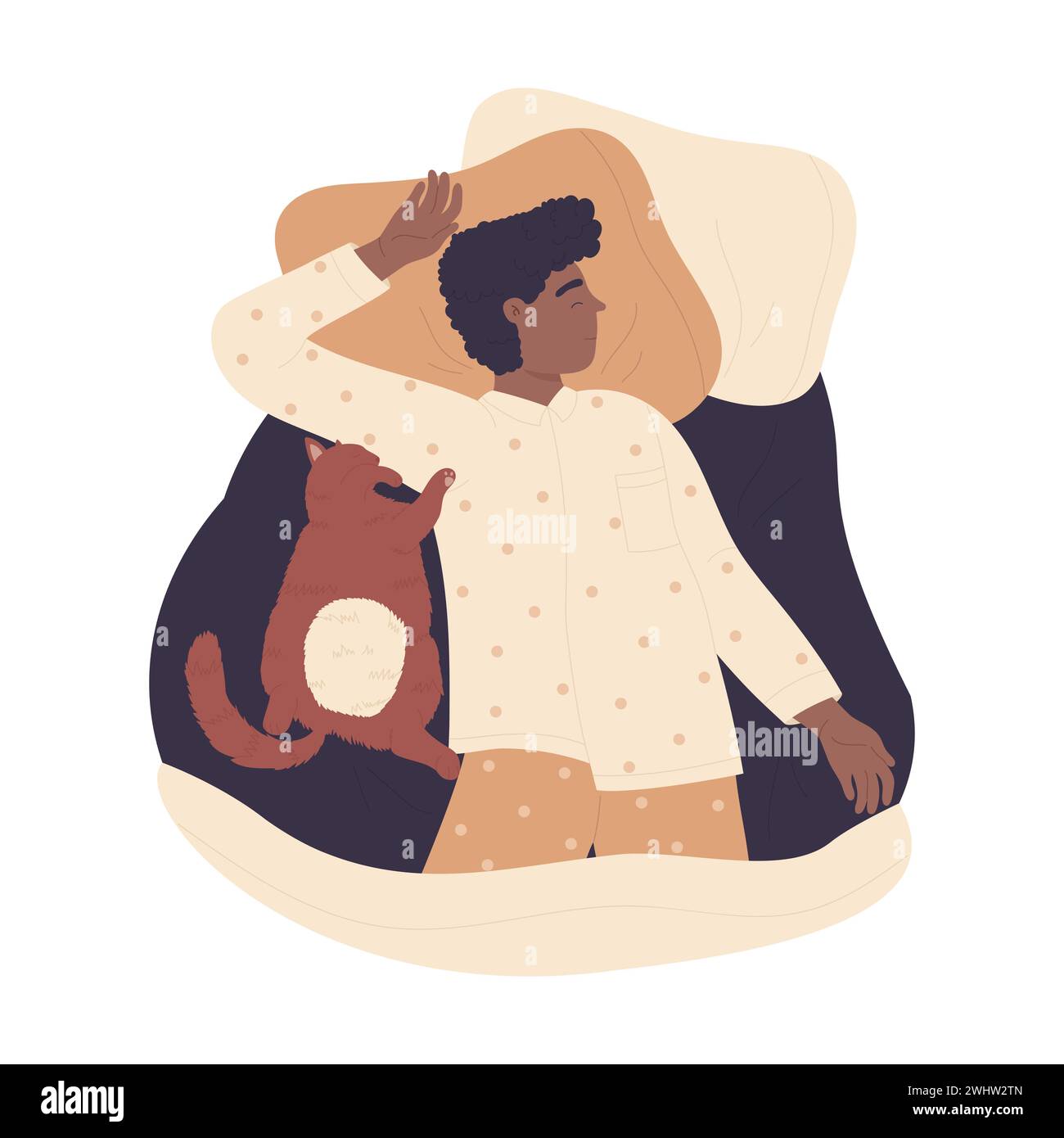 Boy sleeping with his cat. Dreaming boy near the pet, bedtime routine ...