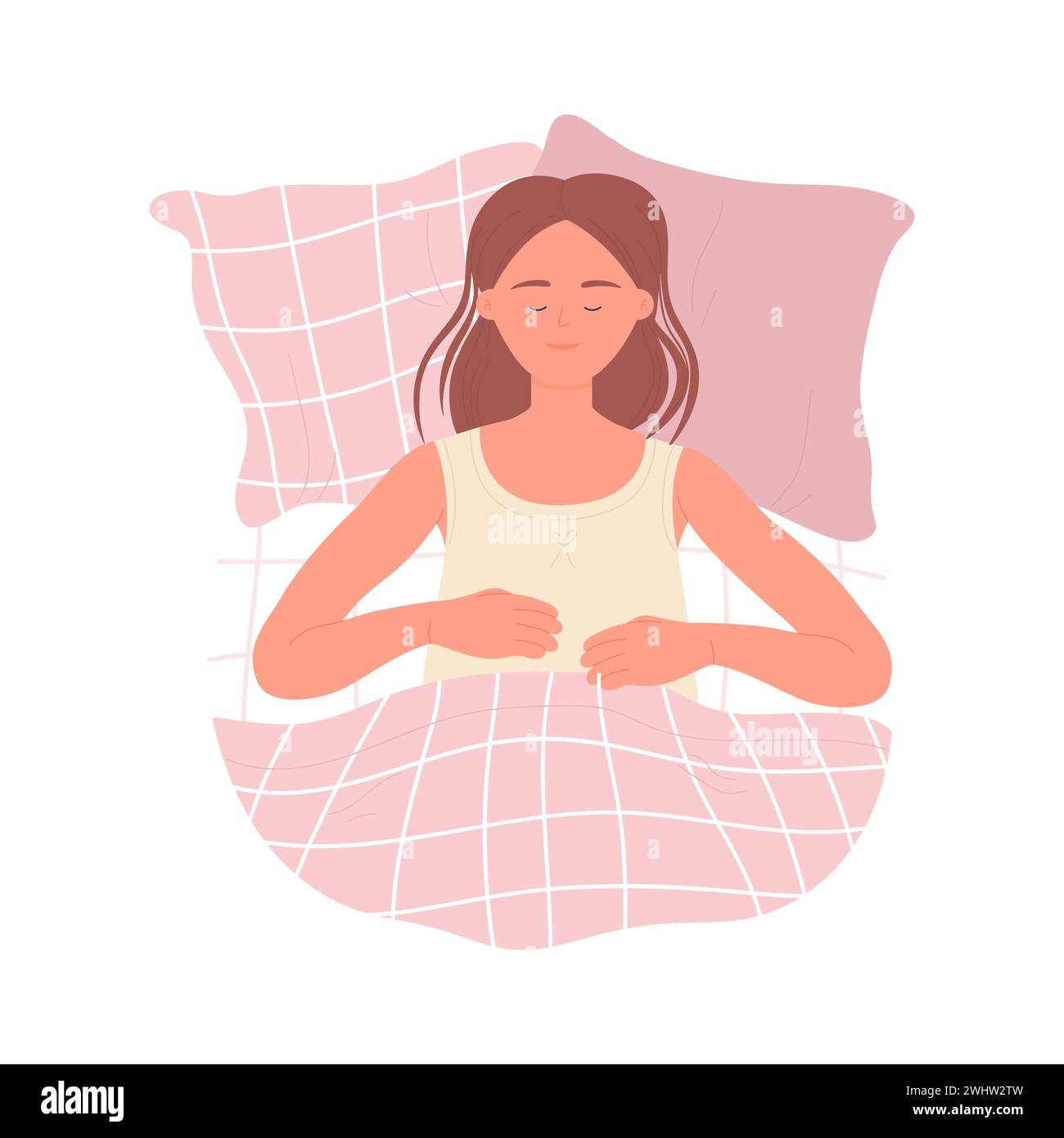 Top view of sleeping girl in bedroom. Bedtime routine, woman fell ...