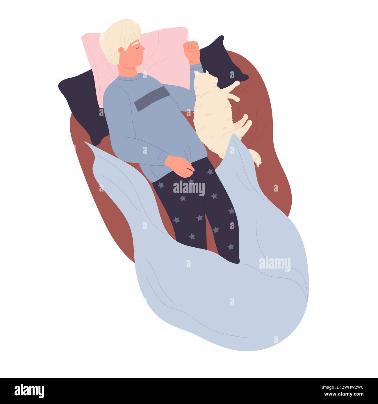 Sleeping boy in bed with cat. Bedtime with family pet, dreaming man ...