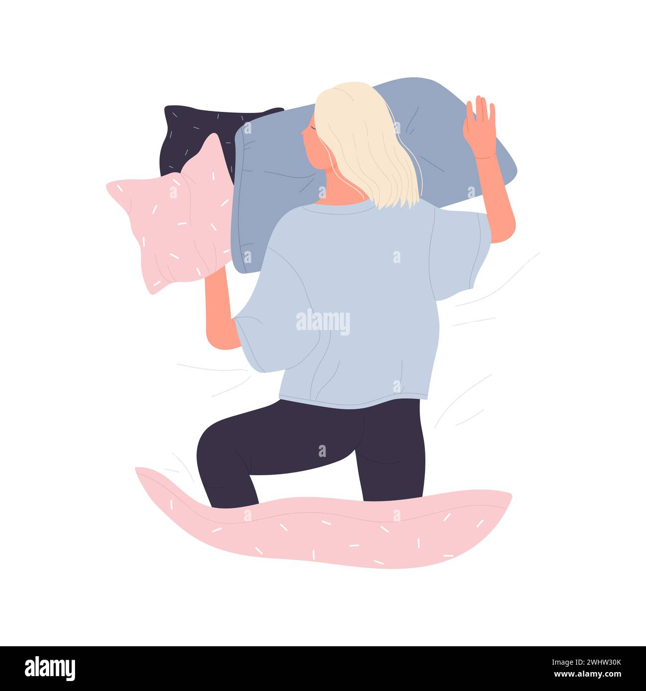 Relaxed sleeping girl on belly. Dreaming woman in bedroom, bedtime ...