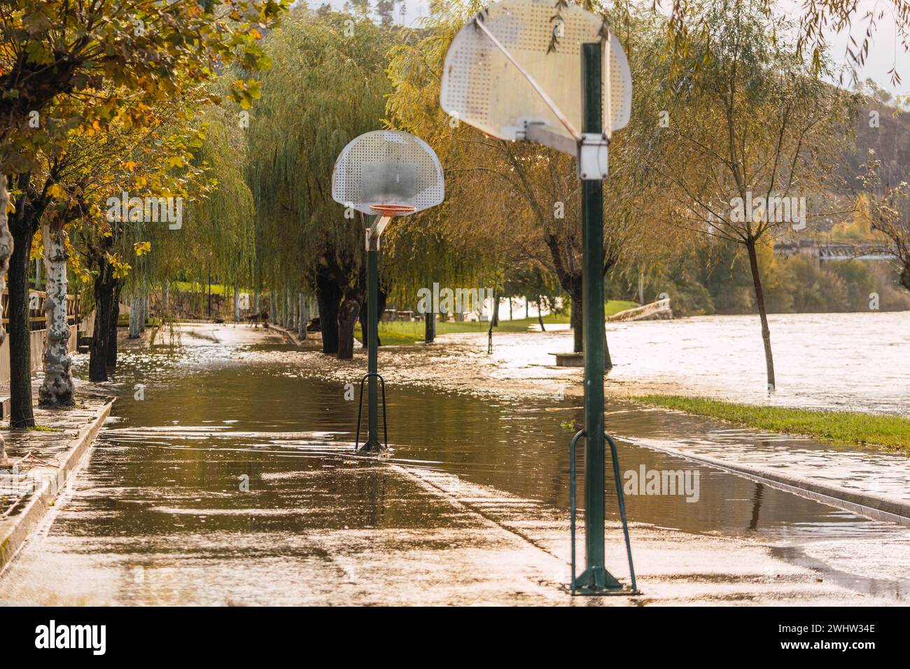 Road sign and sidewalk flooded due to river overflow due to constant ...