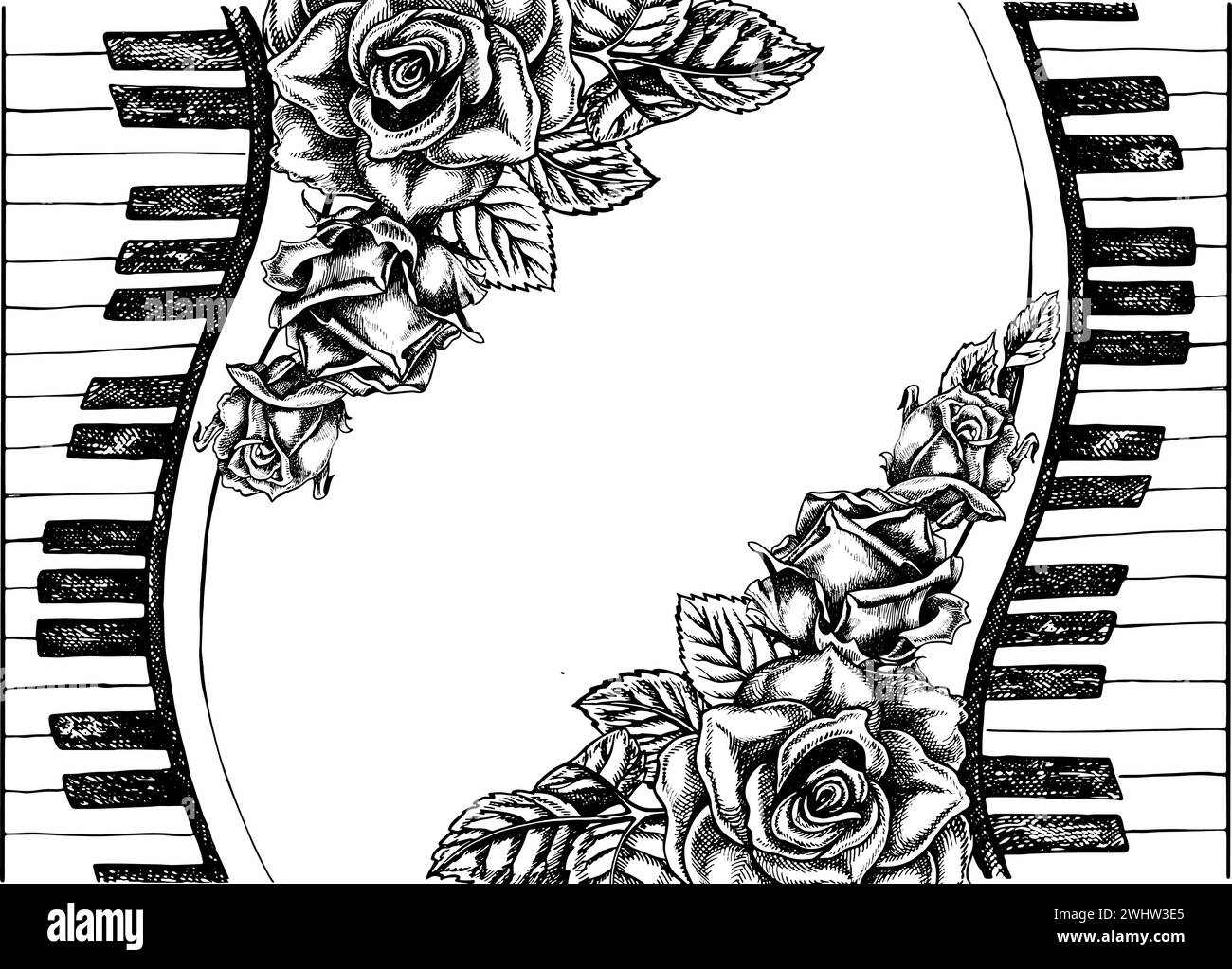 A frame with musical piano keys decorated with roses, a graphic vector ...