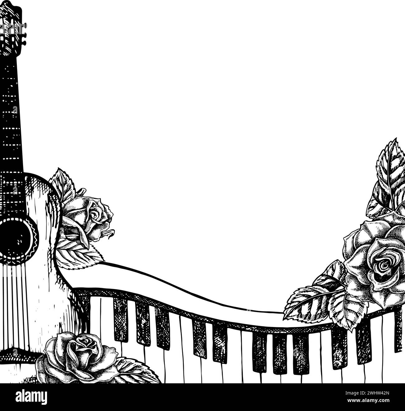 Musical frame with guitars, piano keys, roses, graphic vector black and ...