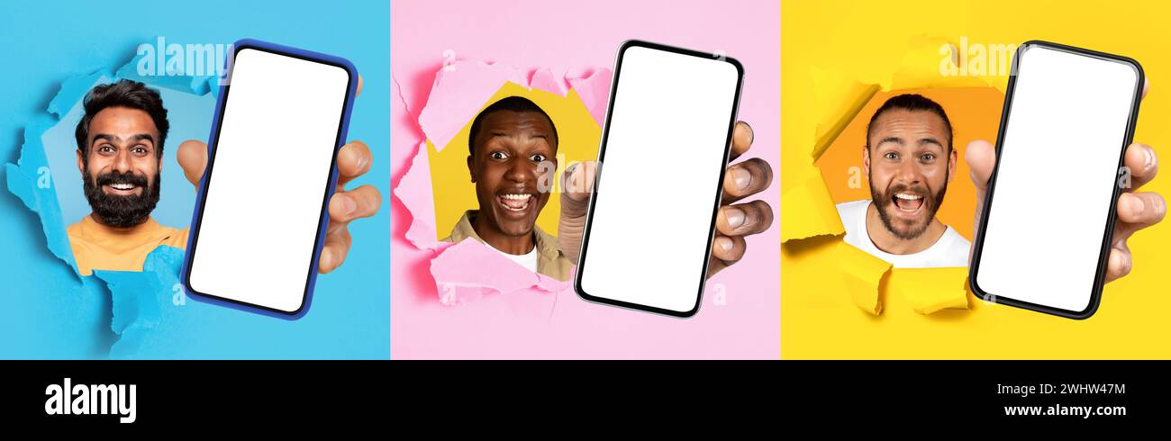 Three excited men of different ethnicities cheerfully pop through ...