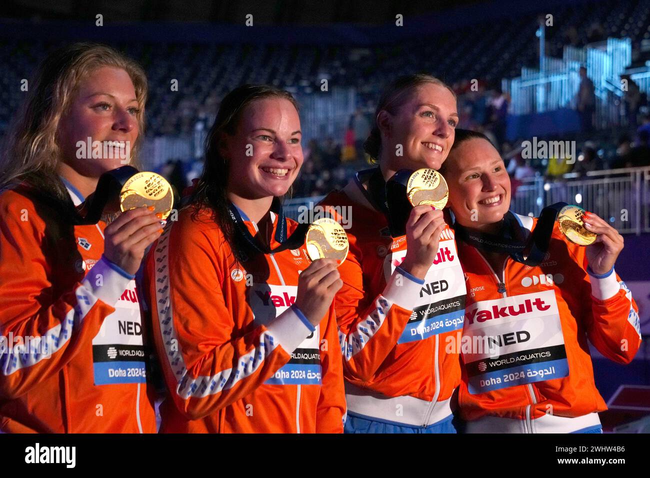 Team Netherlands poses with their medals after winning the women's 4x100-meter freestyle final ...