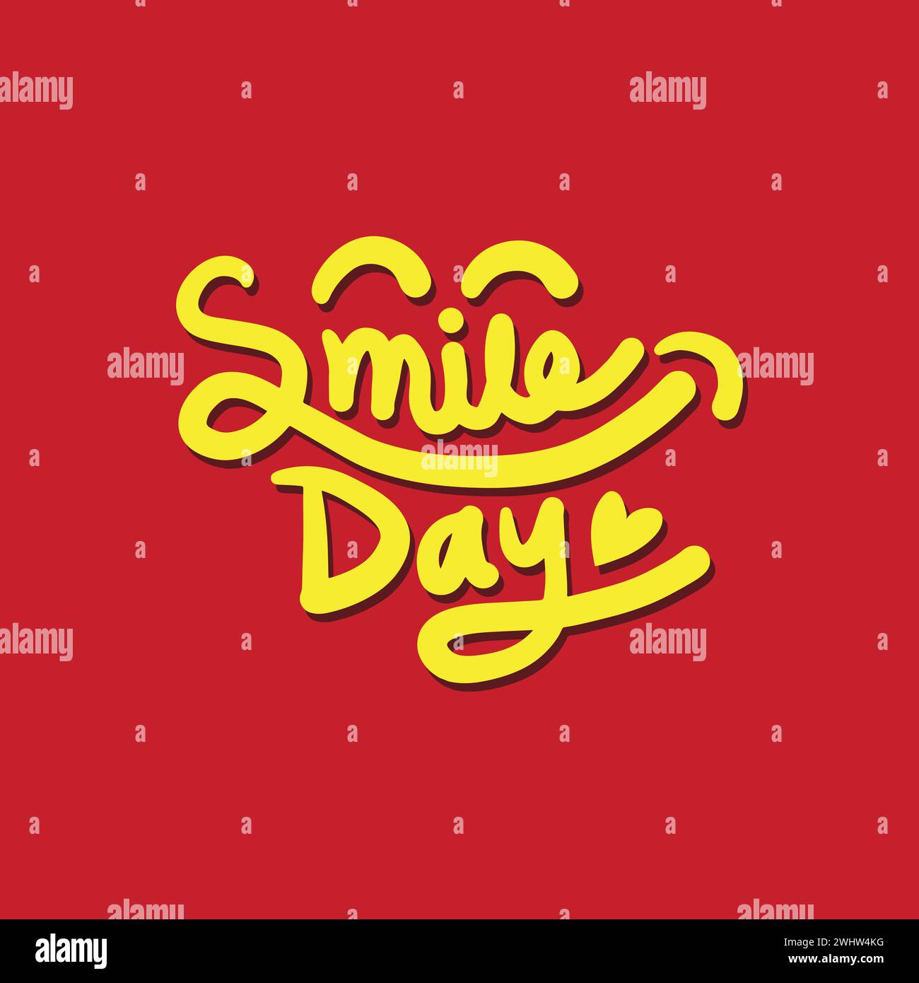 Happy smile day hand drawn yellow lettering logo on red color ...