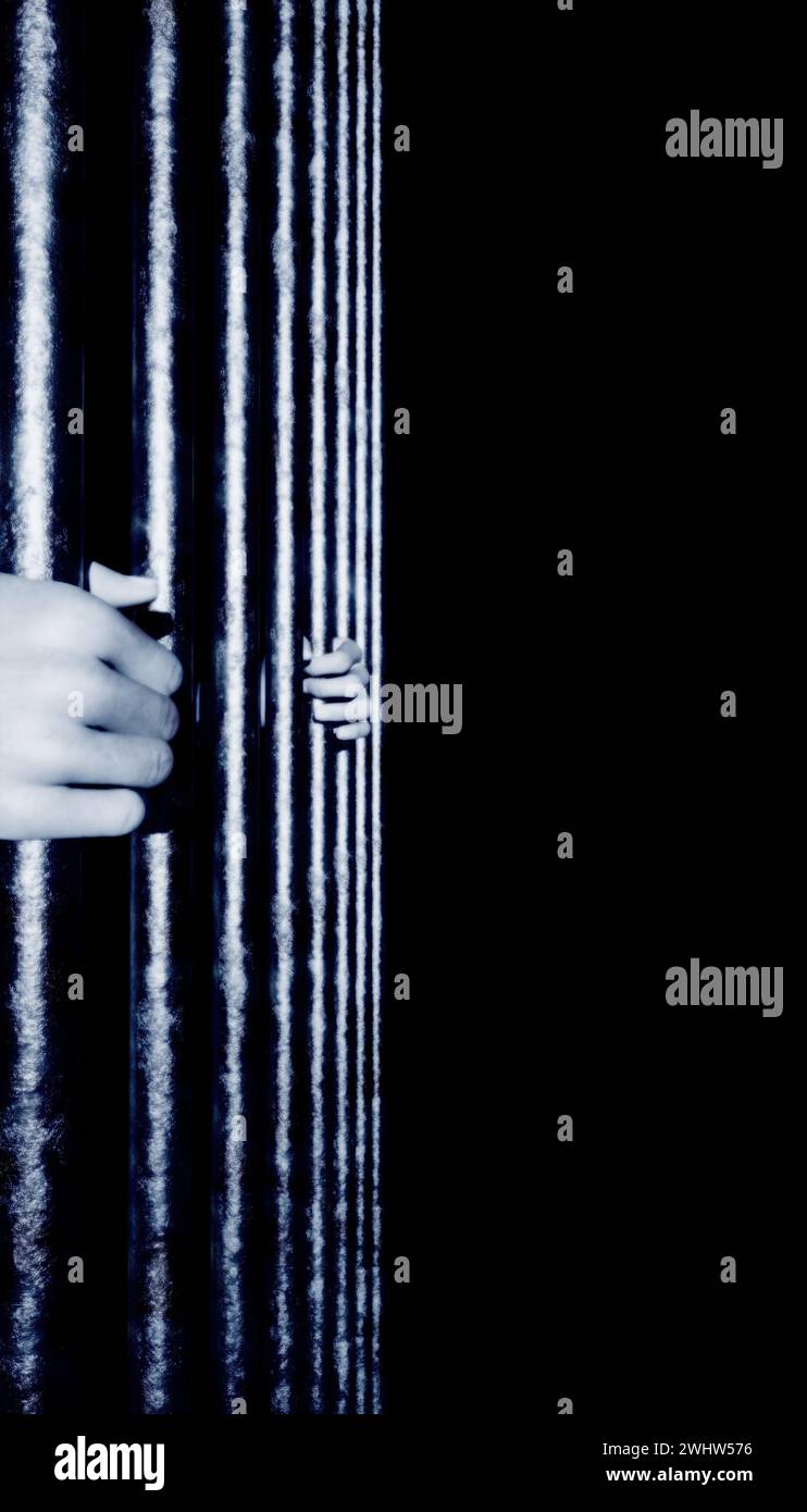 Detention, imprisonment. Prison cell and hands holding the bars. 3d ...