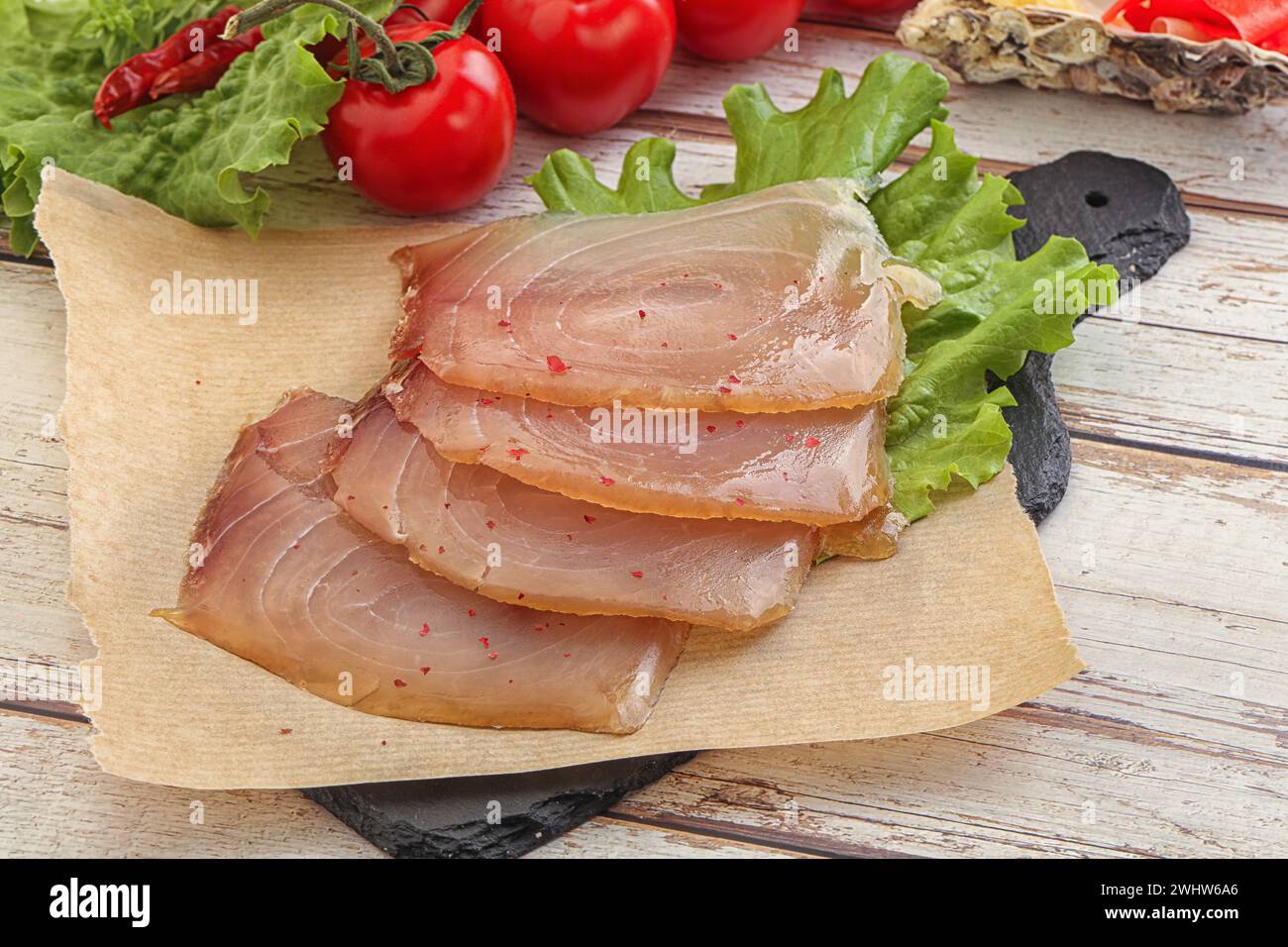 Delicous Sliced salted marlin fish carpaccio Stock Photo - Alamy