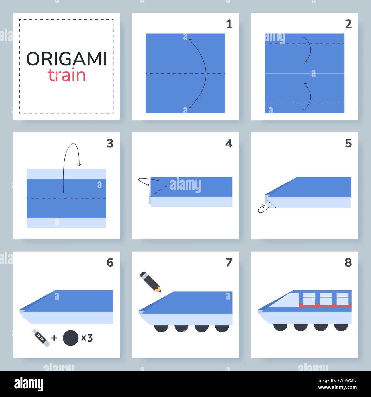Origami tutorial for kids. Origami cute train Stock Vector Image & Art ...