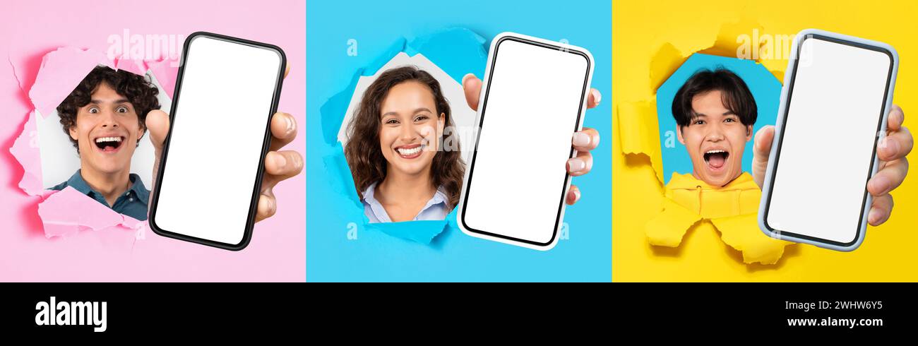 Glad millennial people popping through colorful paper, show smartphone ...