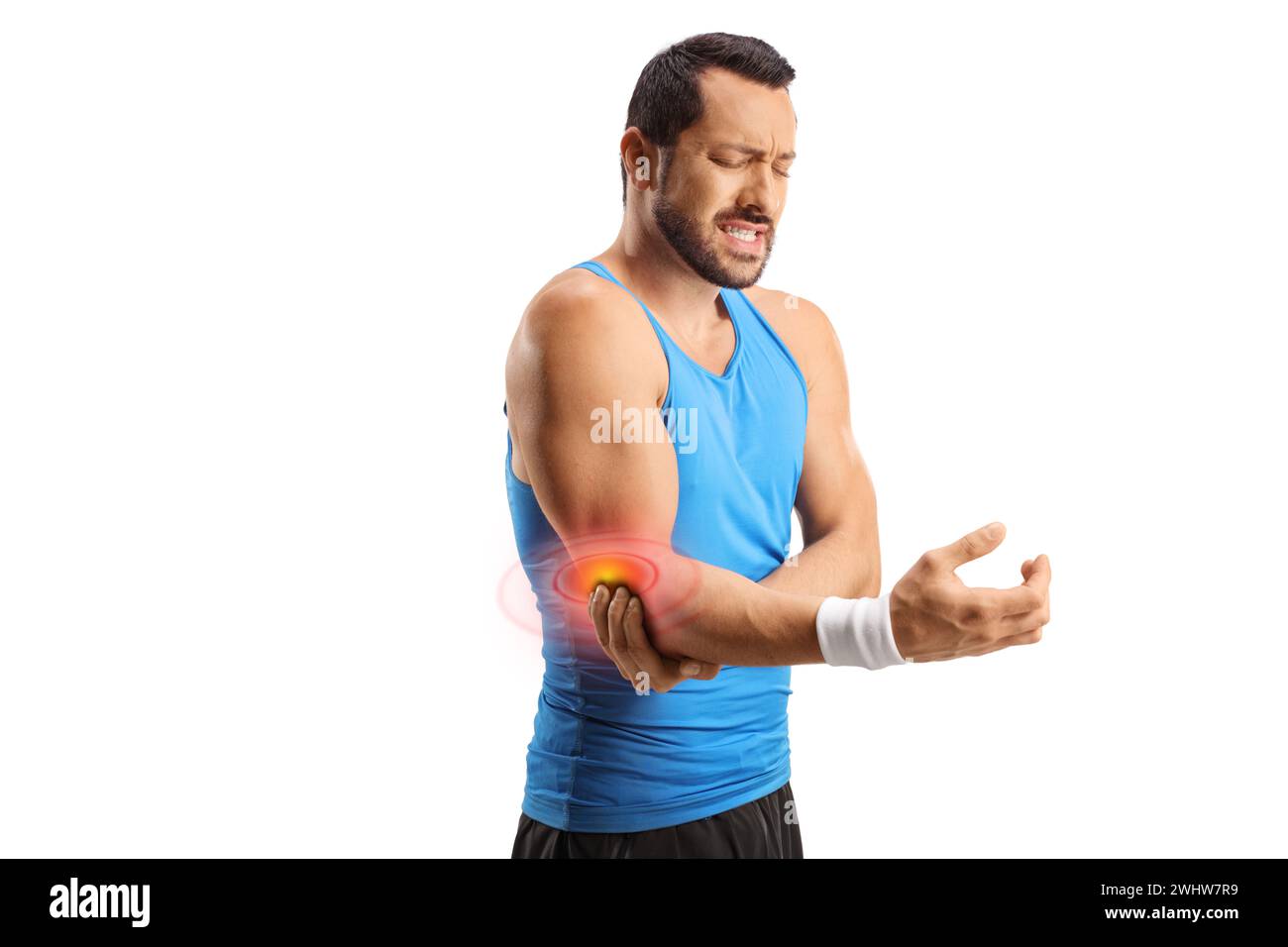 Young man in sportswear suffering from red inflamed elbow isolated on ...