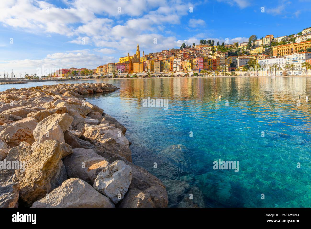 Townscape of the picturesque and colorful old town and Les Sablettes ...