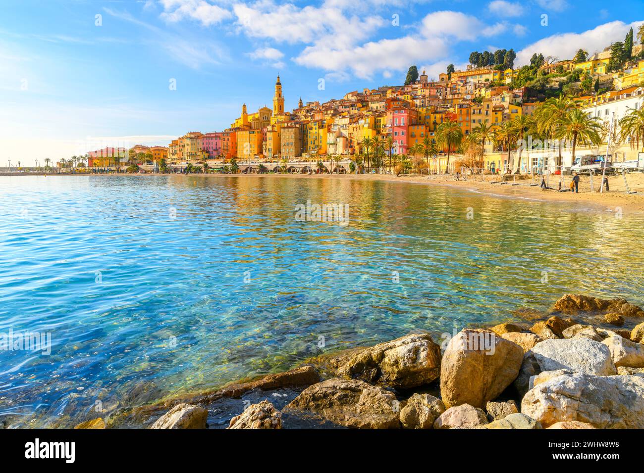 Townscape of the picturesque and colorful old town and Les Sablettes ...