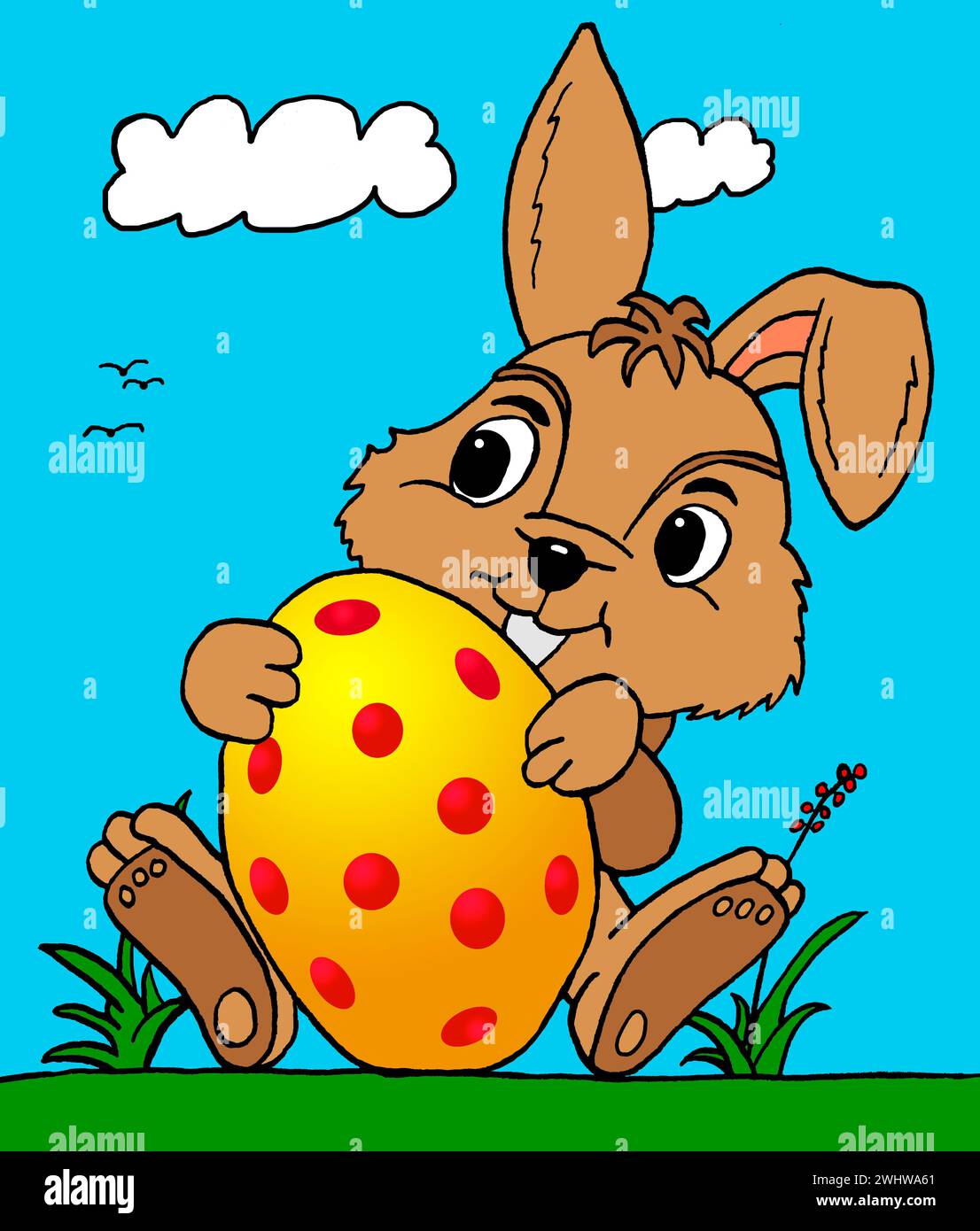 Little cute sitting Easter bunny with dotted Easter egg drawn in pen ...