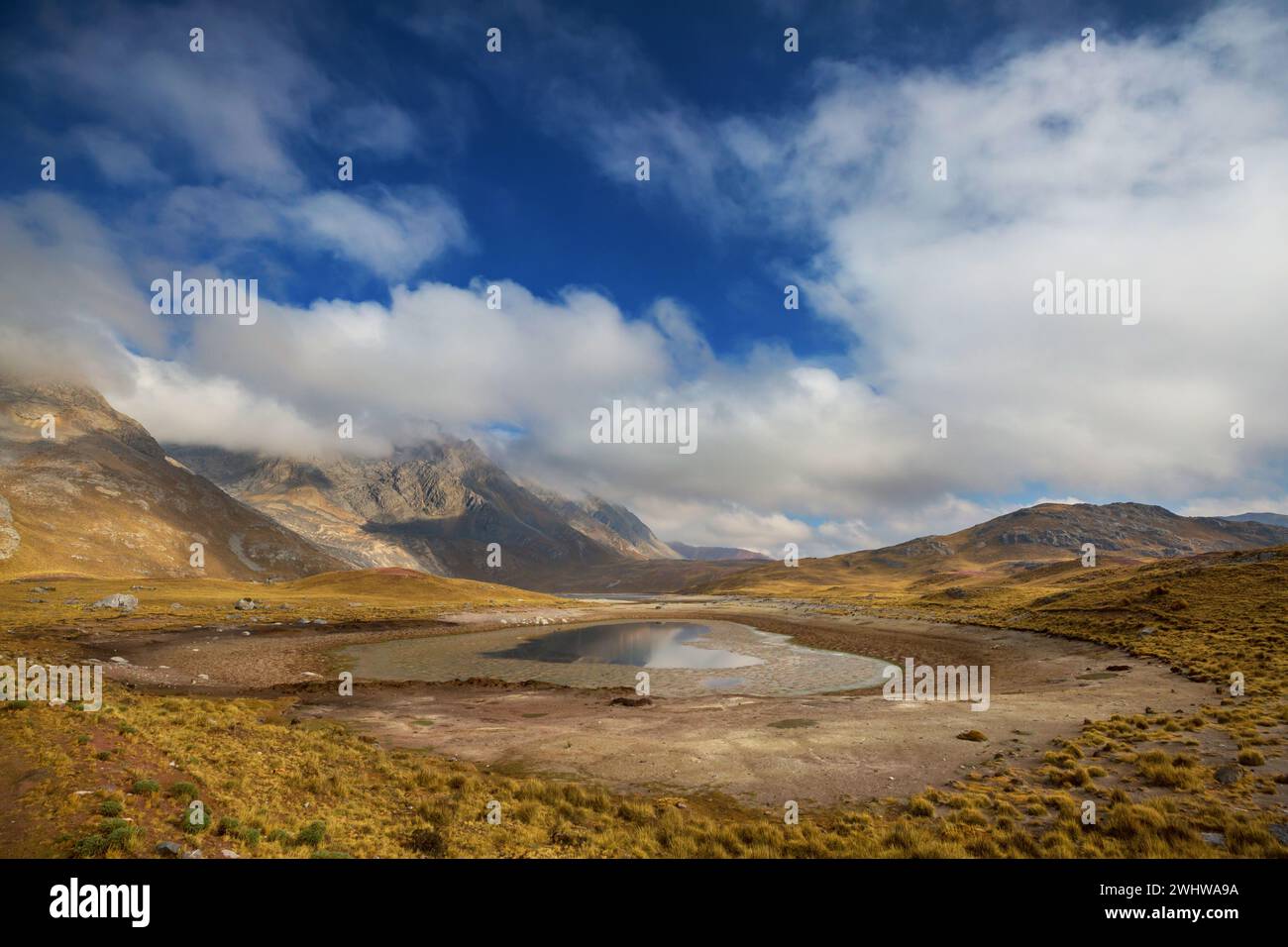 Hiking in the fantastic landscape of the Peruvian high mountain Andes ...