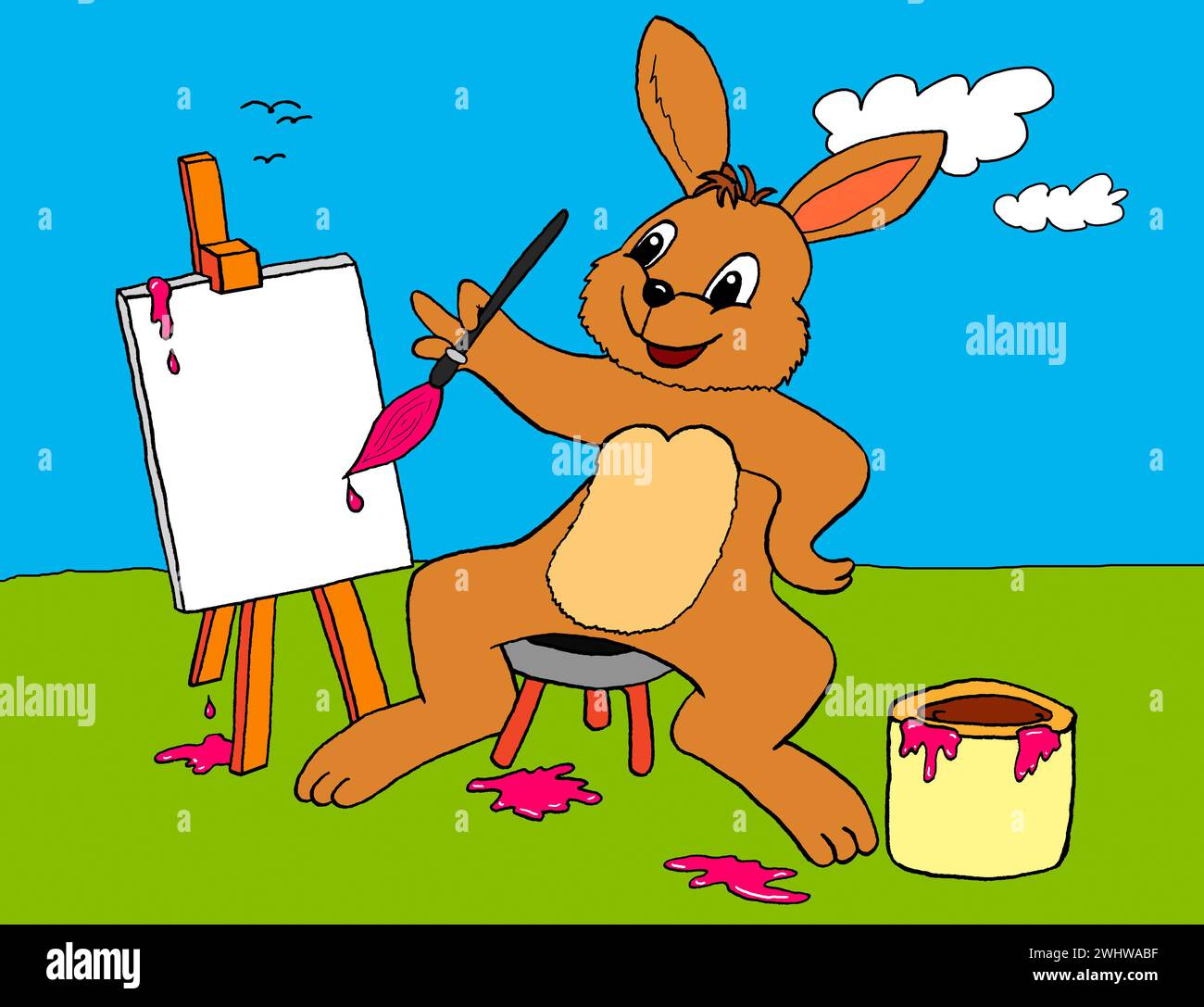 Scanned pen and ink drawing of a happily painting Easter bunny with an ...